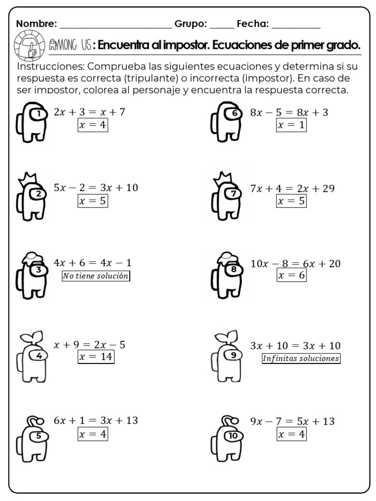 Amongus. Ecuaciones Primer Grado | PDF