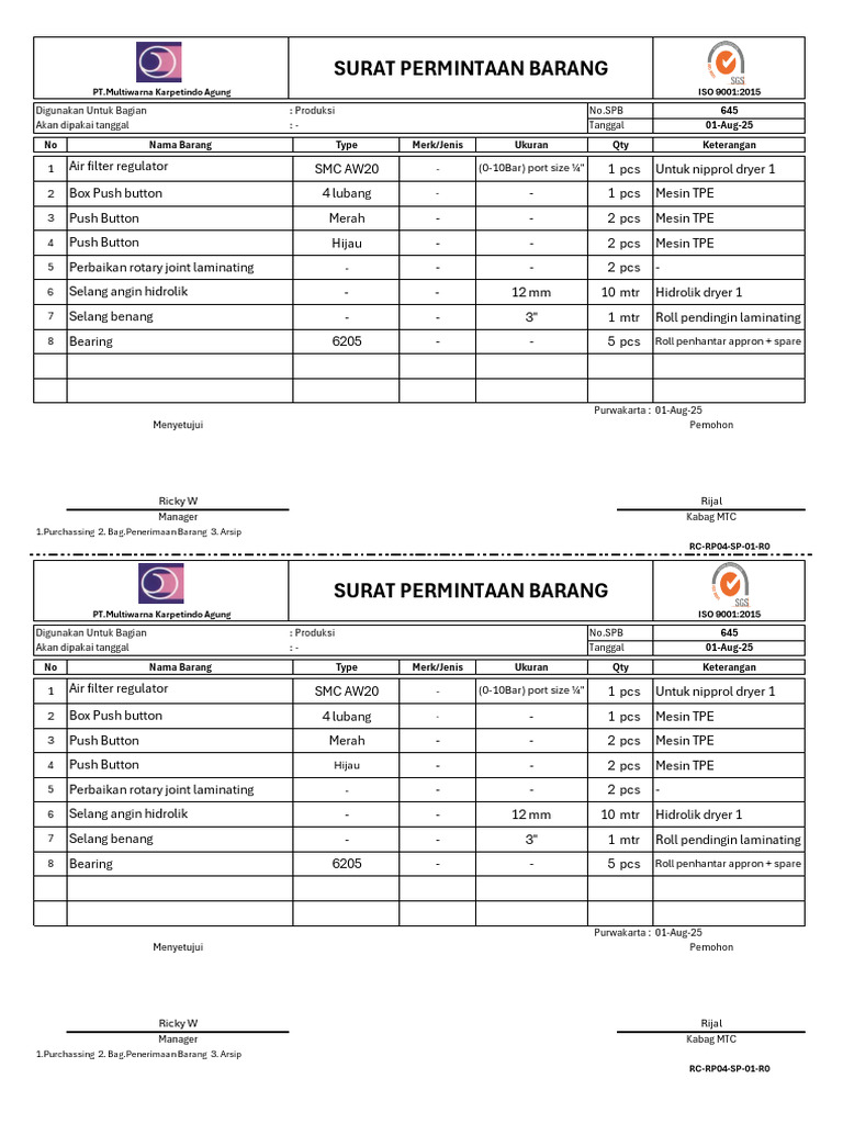Surat Permintaan Barang: 1 (0-10bar) Port Size " 2 3 | PDF