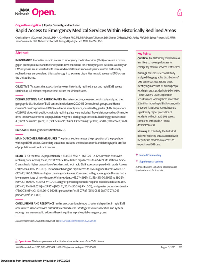 Rapid Access To Emergency Medical Services Within Historically Redlined ...