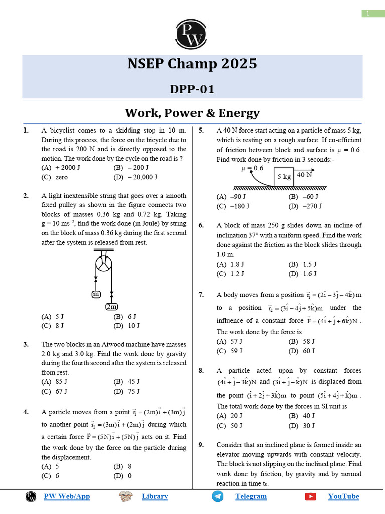 Work, Power, Energy - DPP 01 (Of Lec 02) | PDF | Force | Physical Phenomena