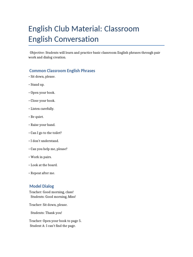 Classroom English Conversation Guide | PDF