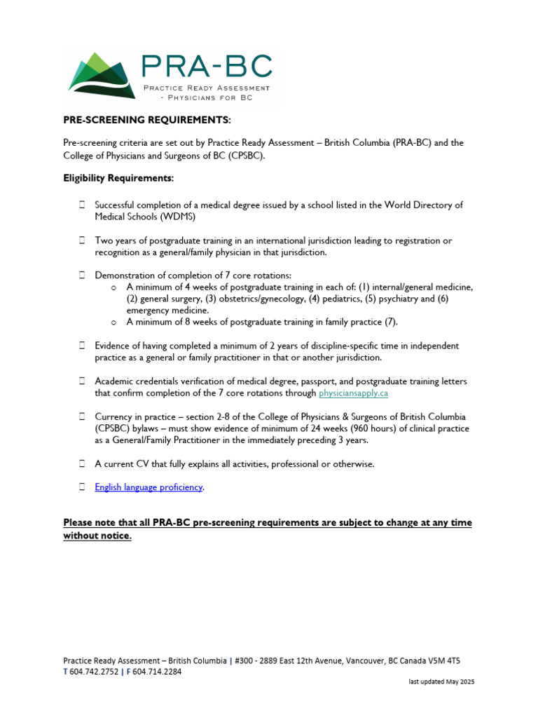 PRA-BC - Pre-Screening Eligibility Requirements Checklist 20250616 | PDF