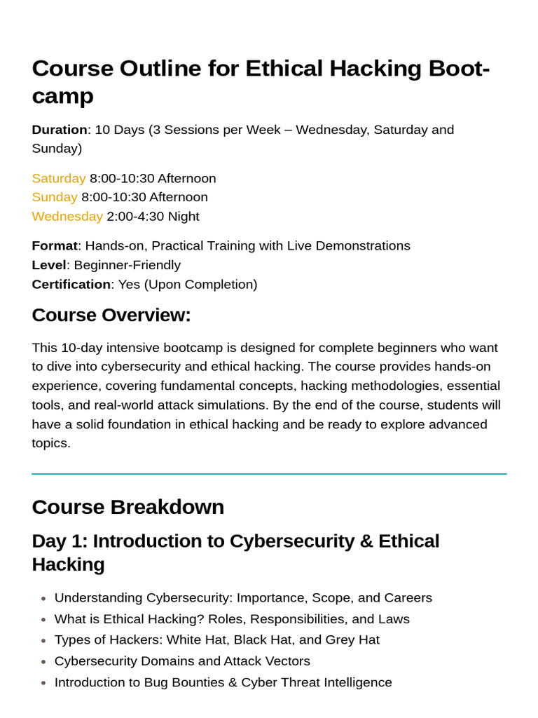 Course Outline for Ethical Hacking Boot-camp | PDF | Security Hacker | White Hat (Computer Security)