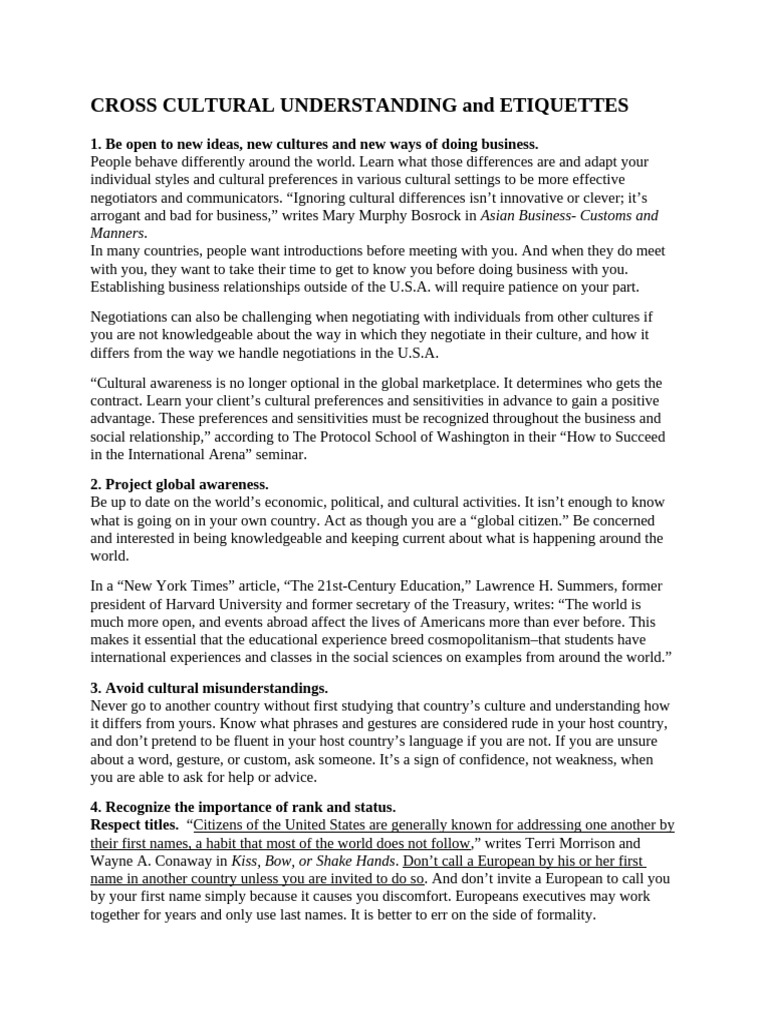 Cross Cultural Understanding and Etiquettes | PDF | Body Language | Gesture