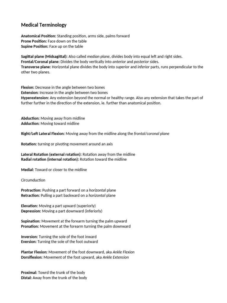 Medical Positions and Terminology Guide | PDF