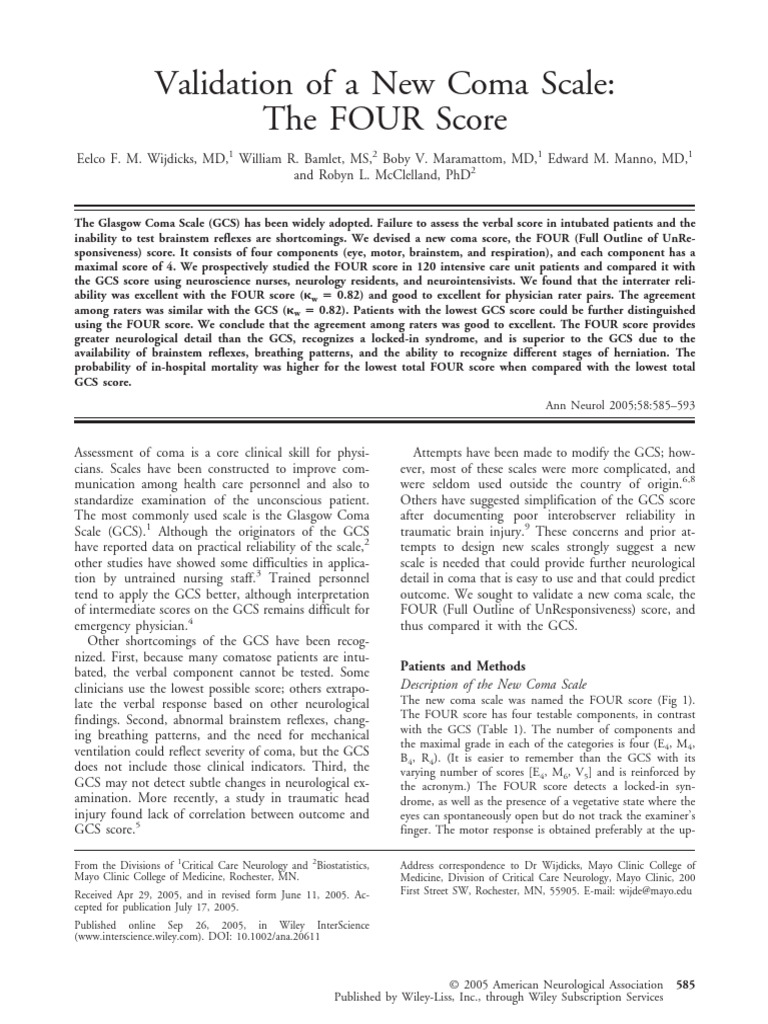 Validation of the FOUR Score in Coma Assessment | PDF | Coma | Medicine