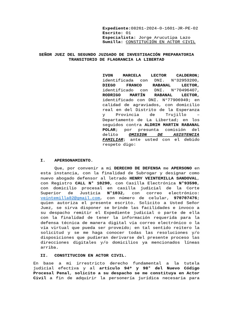 Constitucion de Actor Civil | PDF | Ley procesal | Pensión alimenticia