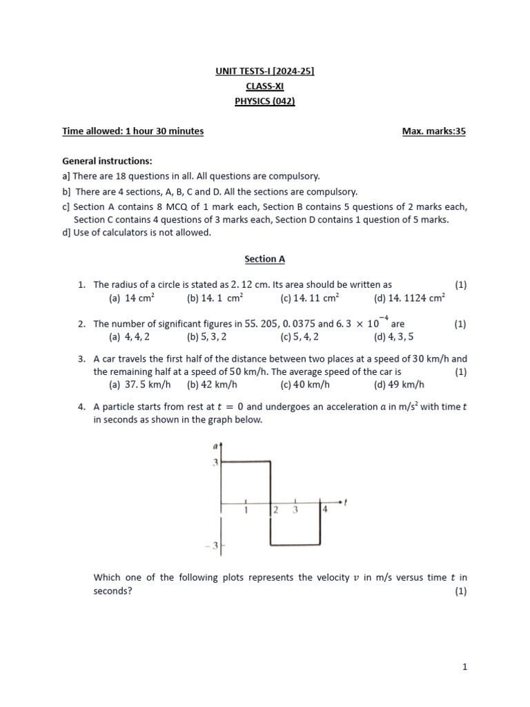 Physics Class XI UT 1 | PDF | Velocity | Acceleration