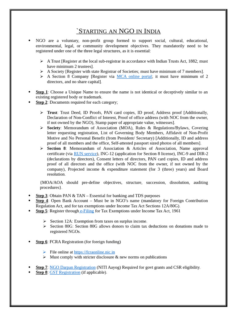Steps to Start an NGO in India | PDF | Non Governmental Organization ...