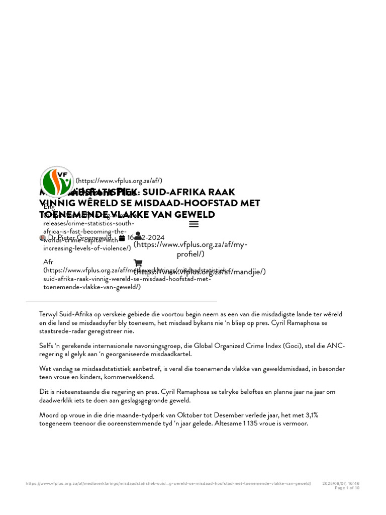 Misdaadstatistiek - Suid-Afrika Raak Vinnig Wêreld Se Misdaad-Hoofstad ...