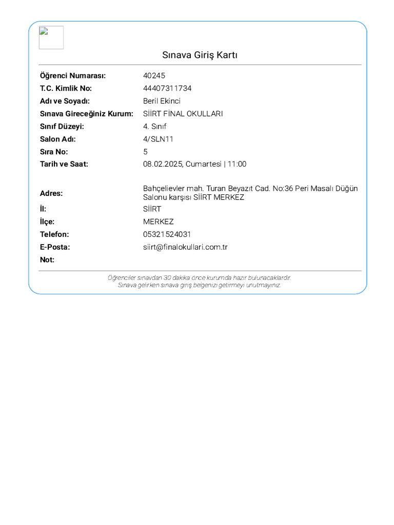 Beril Ekinci - Sınava Giriş Kartı | PDF