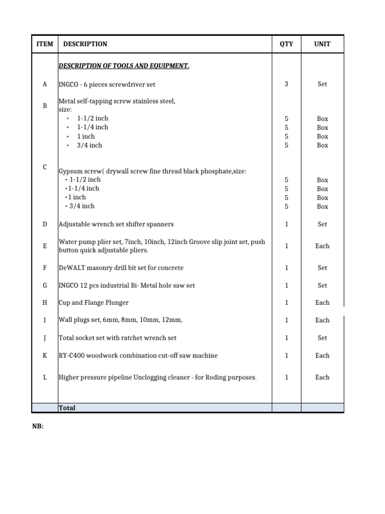 Description of Tools and Equipment For Quote | PDF | Screw | Tools