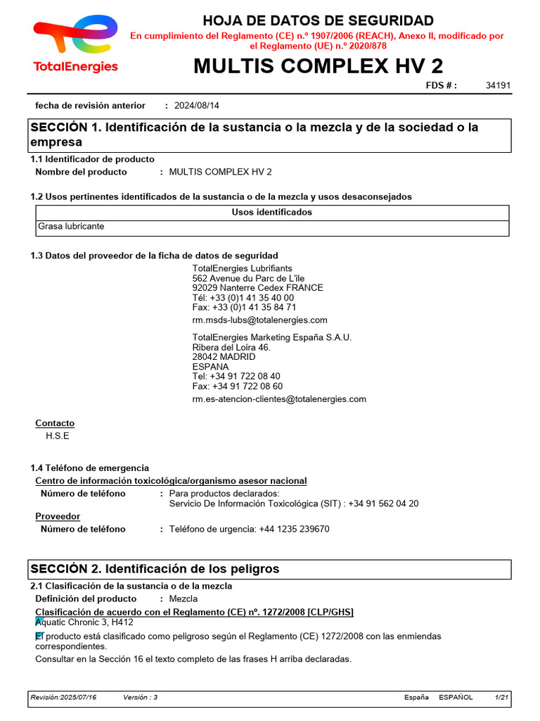 Ficha de Seguridad MULTIS COMPLEX HV 2 | PDF | Química