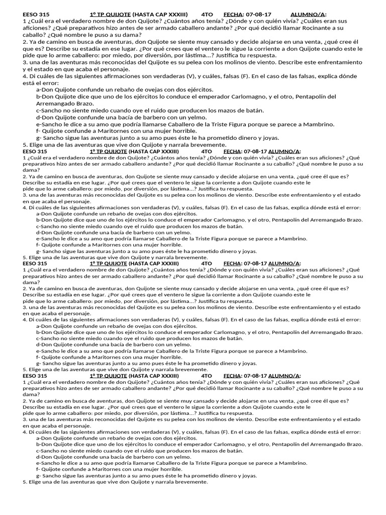 1° TP Quij | PDF | Don Quijote | Caballería