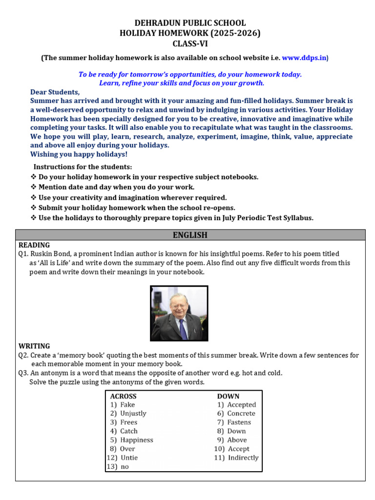 Class VI Holiday Homework Guide | PDF | Cognitive Psychology ...