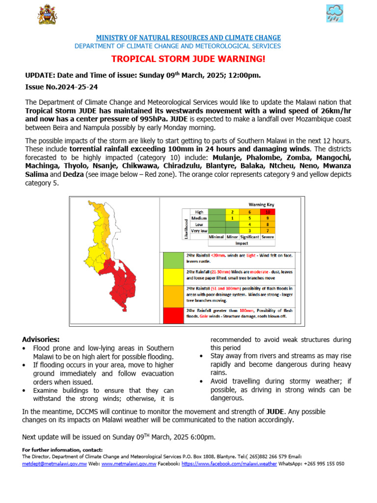 Tropical Storm Jude Alert for Malawi | PDF | Tropical Cyclones ...