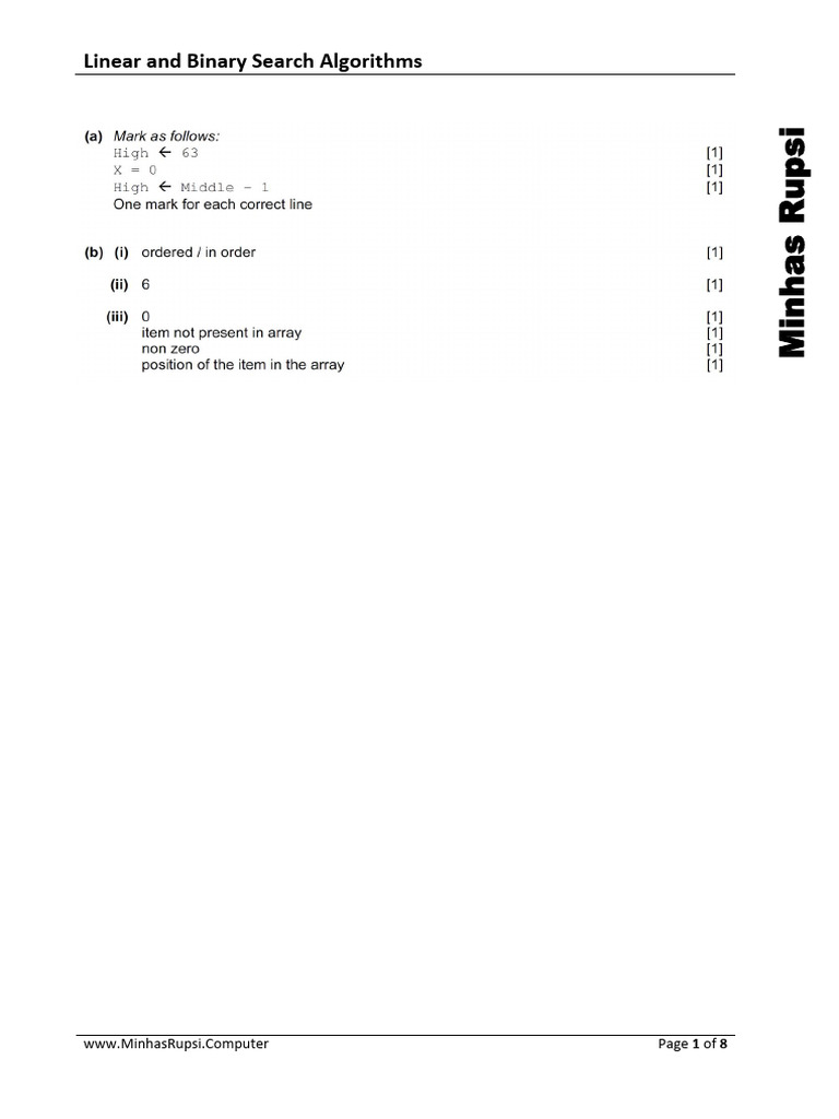 1 - Linear and Binary Search - A2 - Paper 4 - 9618 - Marking Scheme | PDF