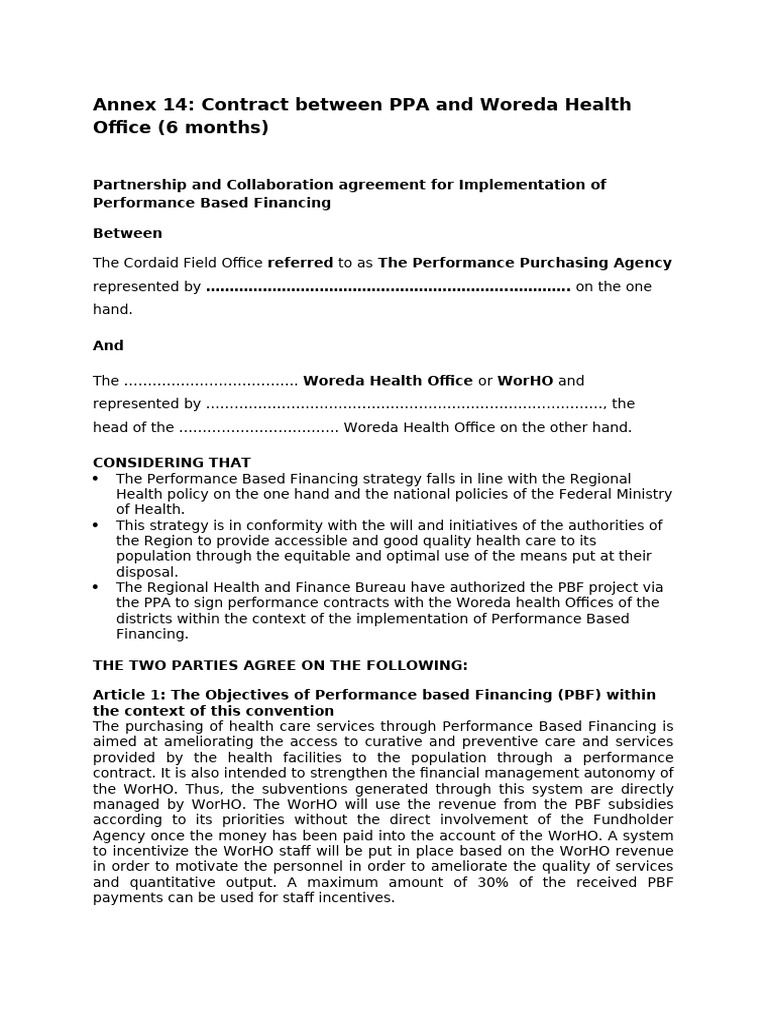 Annex 14 - Contract Between PPA and Woreda Health Office | PDF | Economies