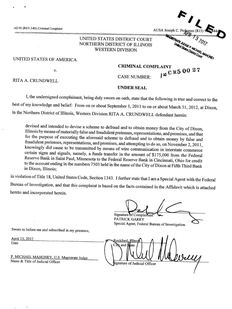 Federal Criminal Complaint Against Rita Crundwell | PDF