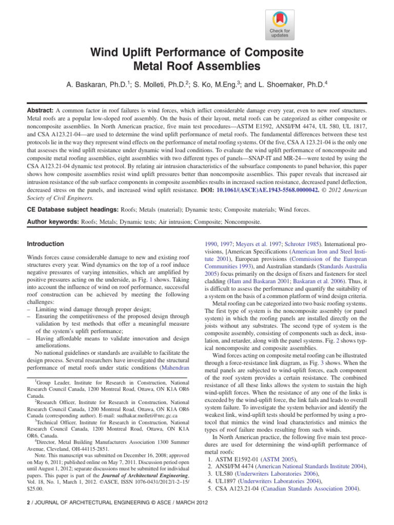 Wind Uplift in Composite Metal Roofs | PDF