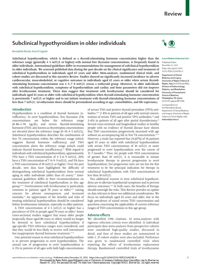 Subclinical Hypothyroidism in Seniors | PDF | Hypothyroidism | Thyroid ...