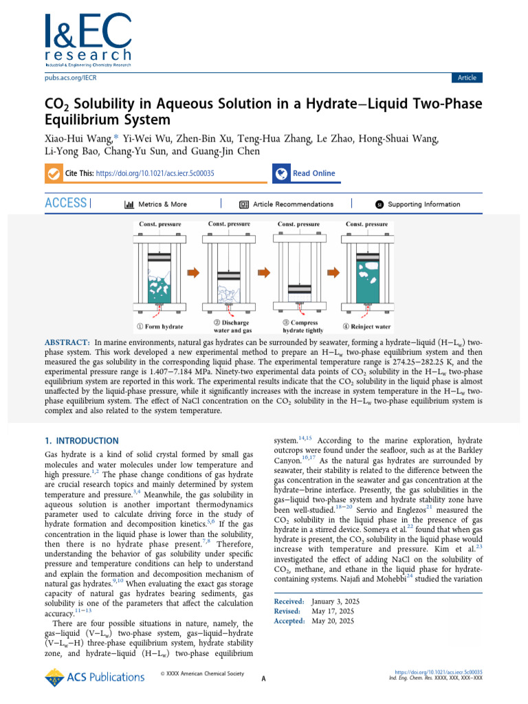 Wang Et Al 2025 Co2 Solubility in Aqueous Solution in A Hydrate Liquid Two Phase Equilibrium ...