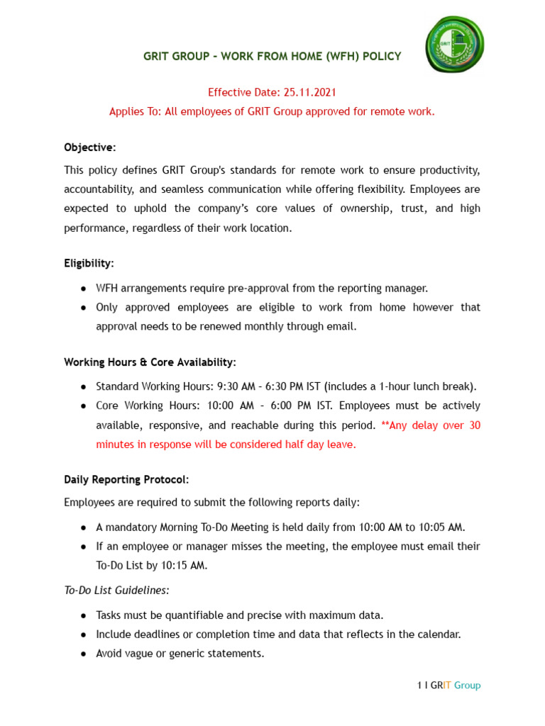 GRIT Group - Work From Home (WFH) Policy | PDF | Working Time ...
