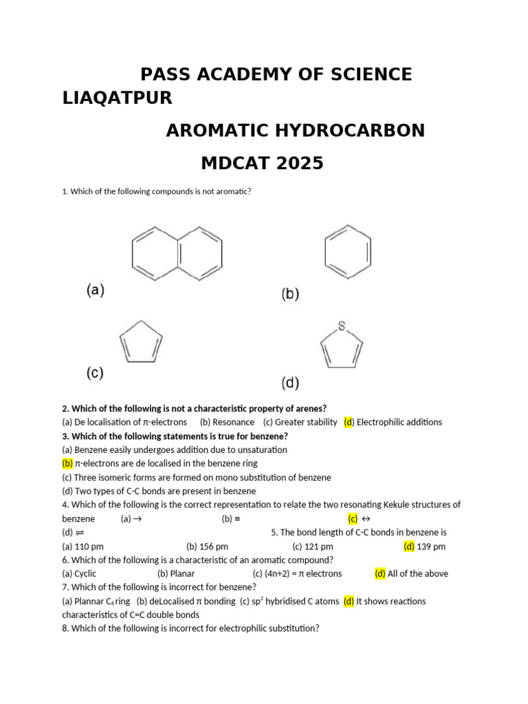 Aromatic Practice Mcqs | PDF | Benzene | Aromaticity