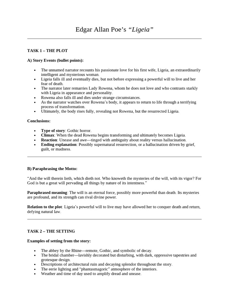 Edgar Allan Poe Ligeia Answers | PDF | Gothic Fiction