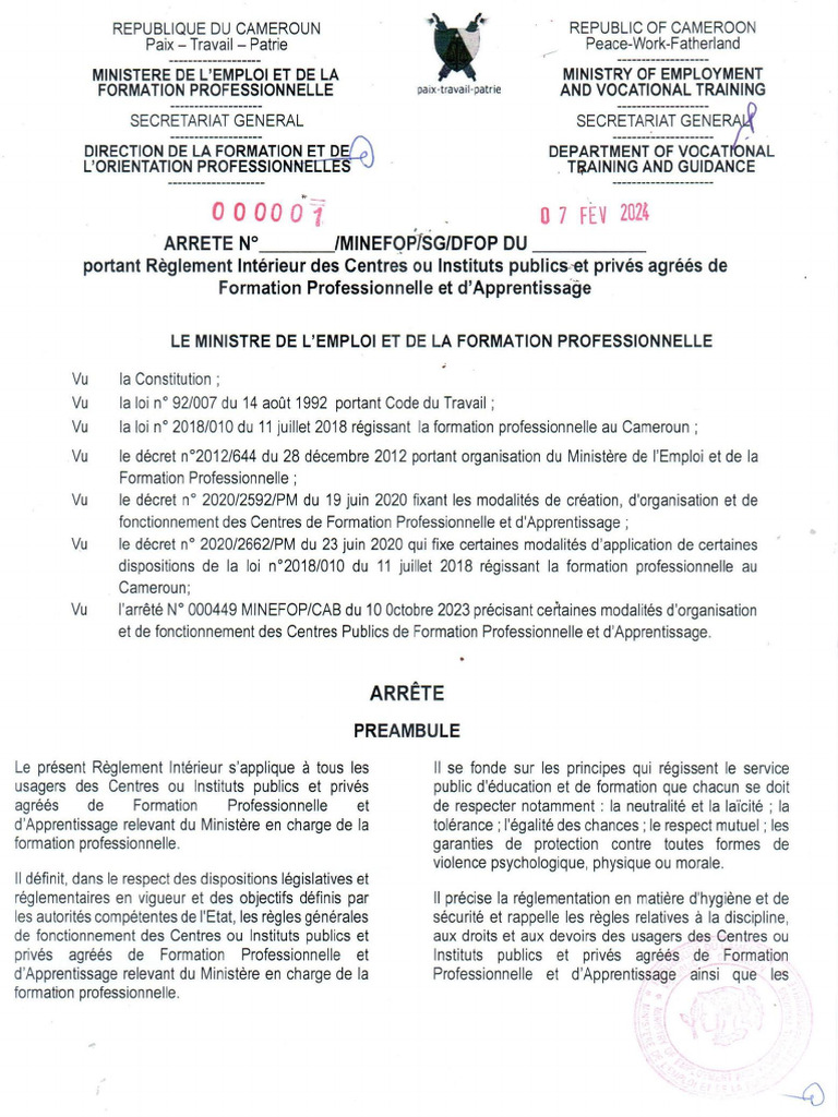 Reglement Interieur Des Centres Et Instituts de Formation ...