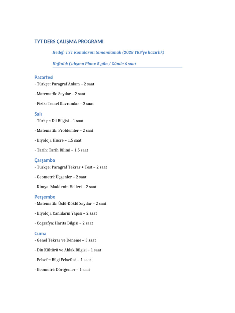 TYT Ders Calisma Programi | PDF