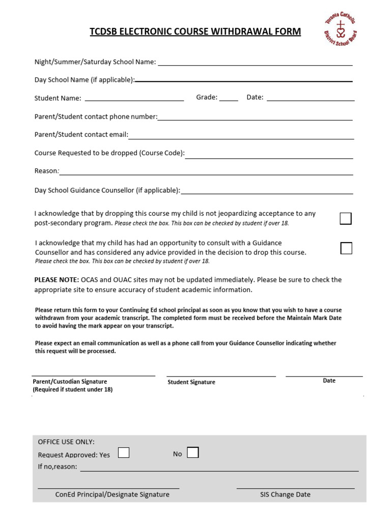 TCDSB Course Withdrawal Form | PDF