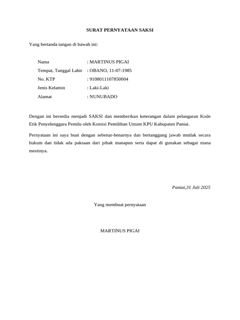 Surat Pernyataan Saksi DKPP | PDF