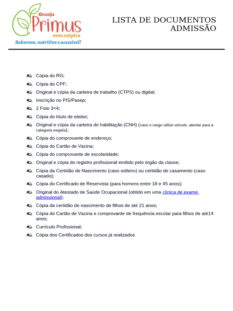 Check List Documentos Admissão | PDF