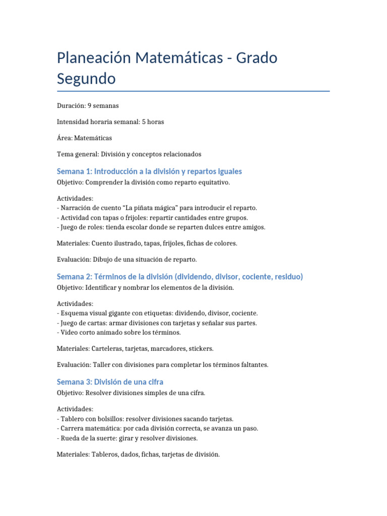 Planeación de Matemáticas: División 2° Grado | PDF | División (Matemáticas)