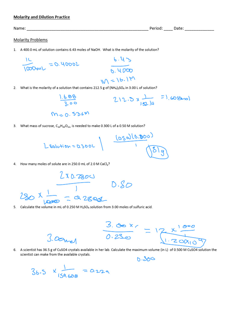 Molarity and Dilution Practice Problems | PDF