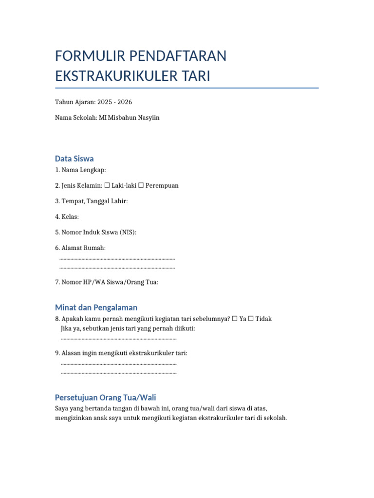 Formulir Pendaftaran Ekskul Tari | PDF