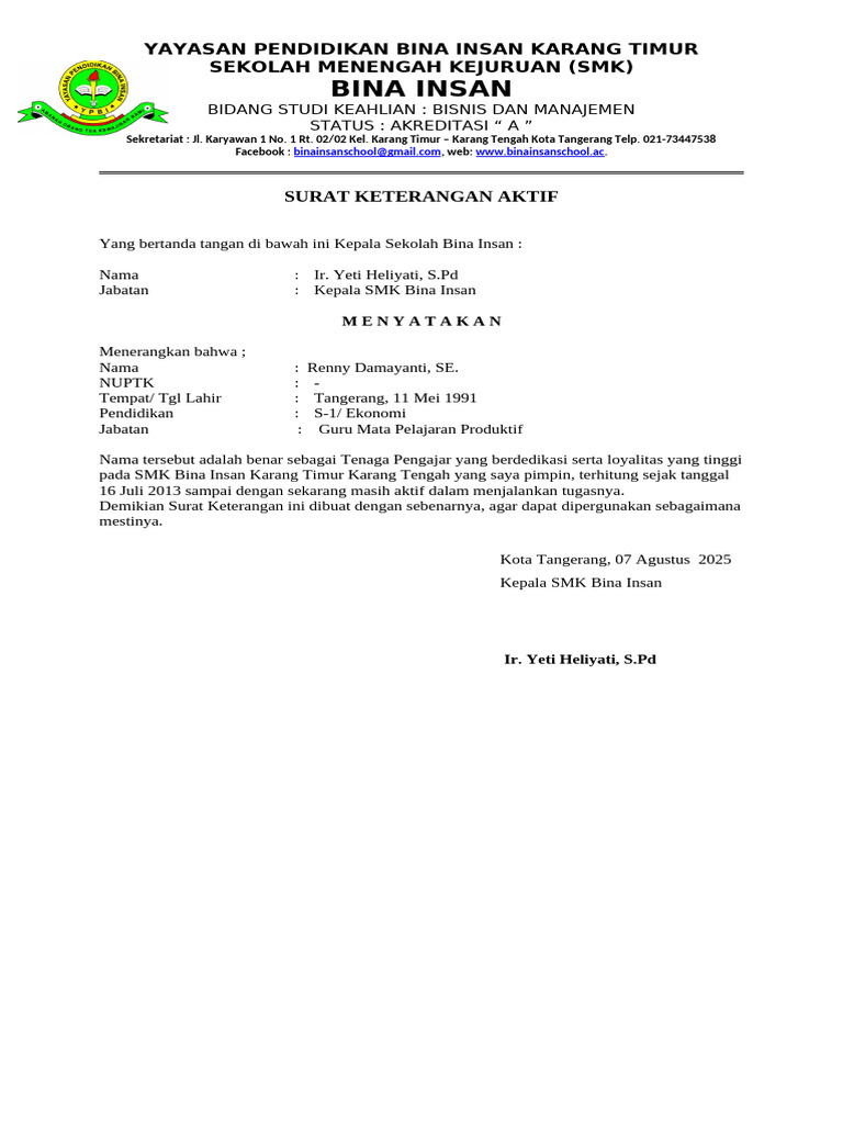 Surat Aktif Mengajar Bsu | PDF