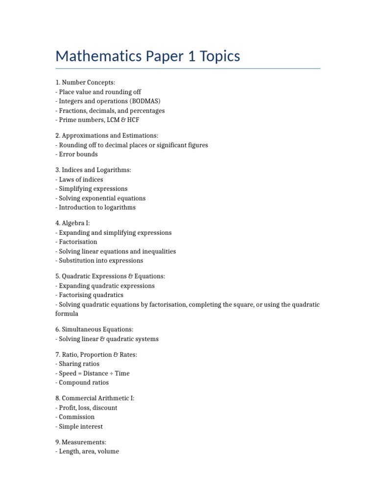 Mathematics Paper 1 Topics | PDF