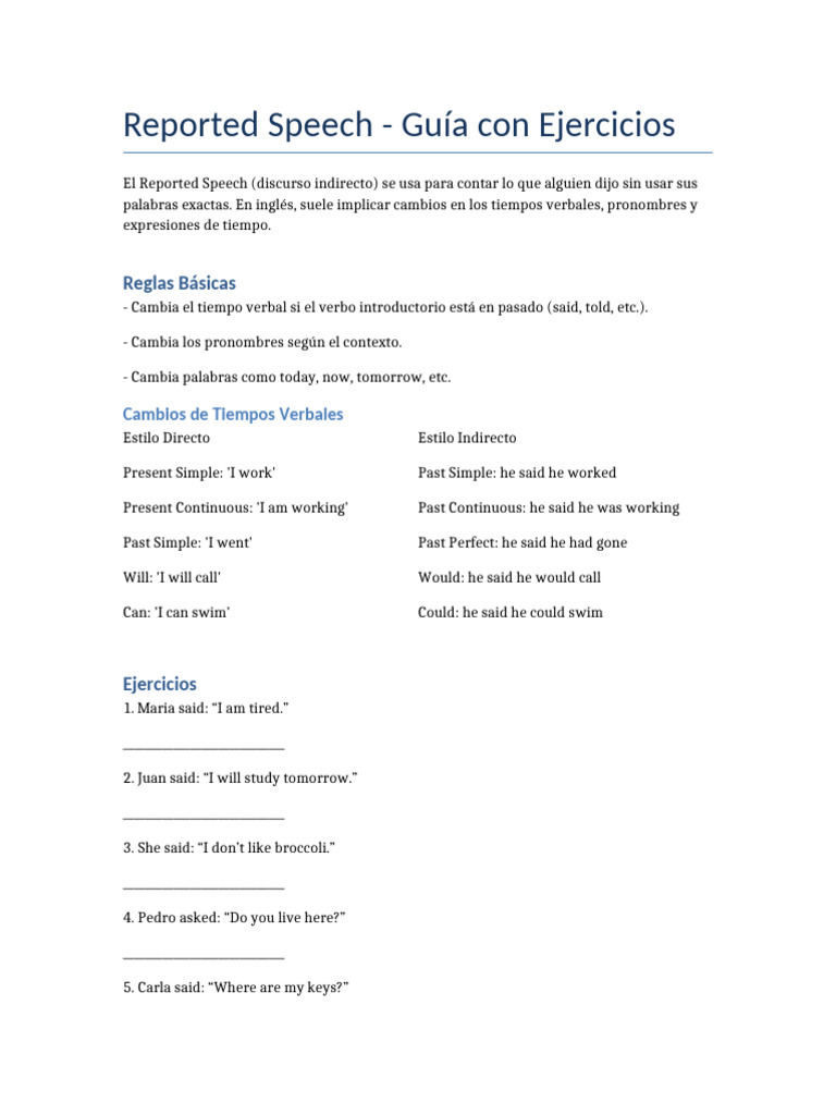 Reported Speech Ejercicios | PDF