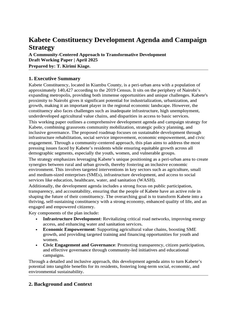 Kabete Constituency Development Agenda and Campaign Strategy | PDF ...
