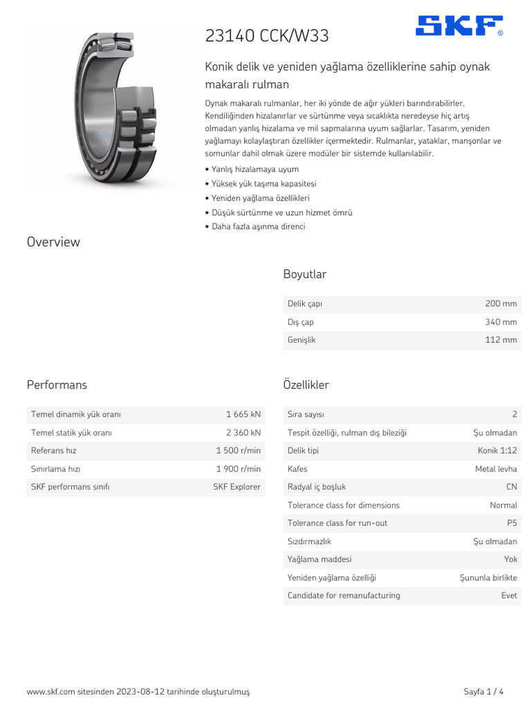 SKF 23140 CCK - W33 Specification | PDF