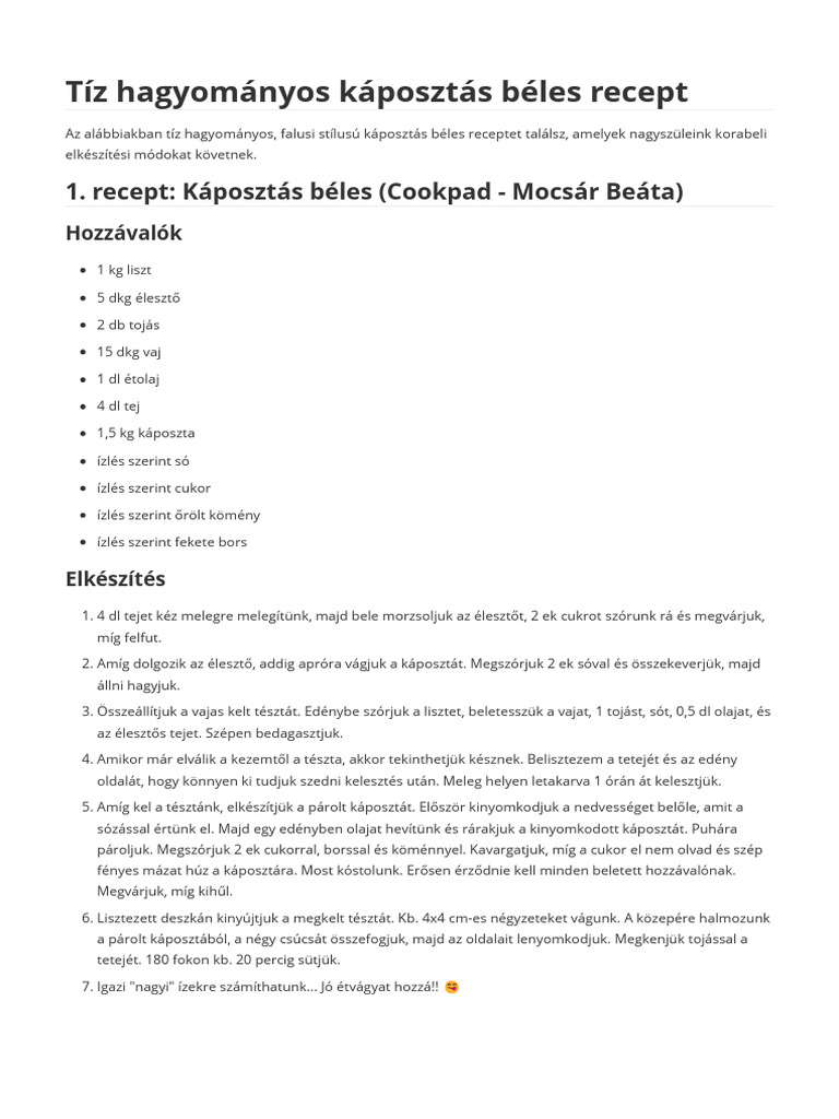 Tíz Hagyományos Káposztás Béles Recept | PDF
