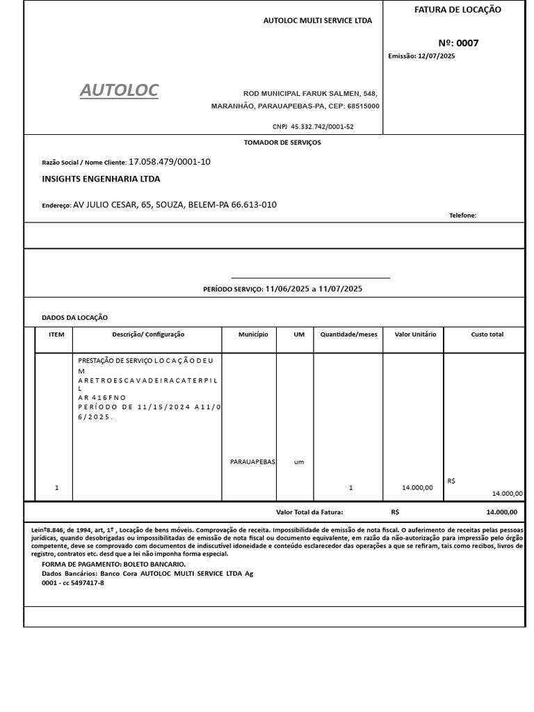 Fatura de Locação - AUTOLOC Multi Service | PDF | Business
