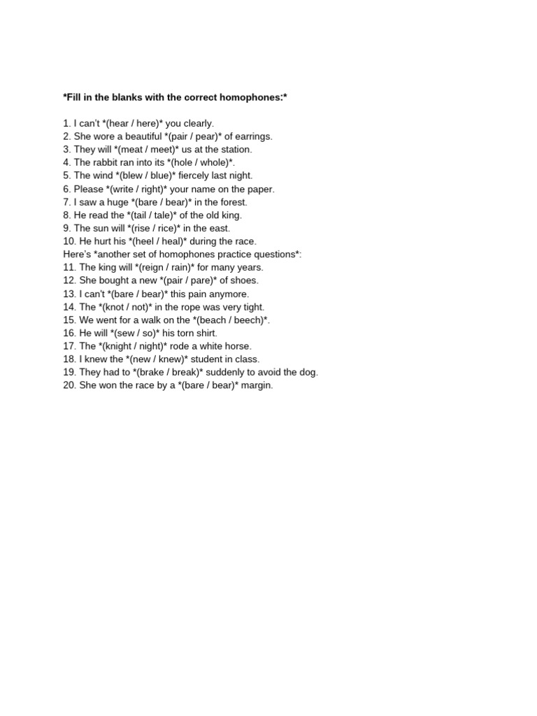 Homophones Fill-in-the-Blank Exercise | PDF