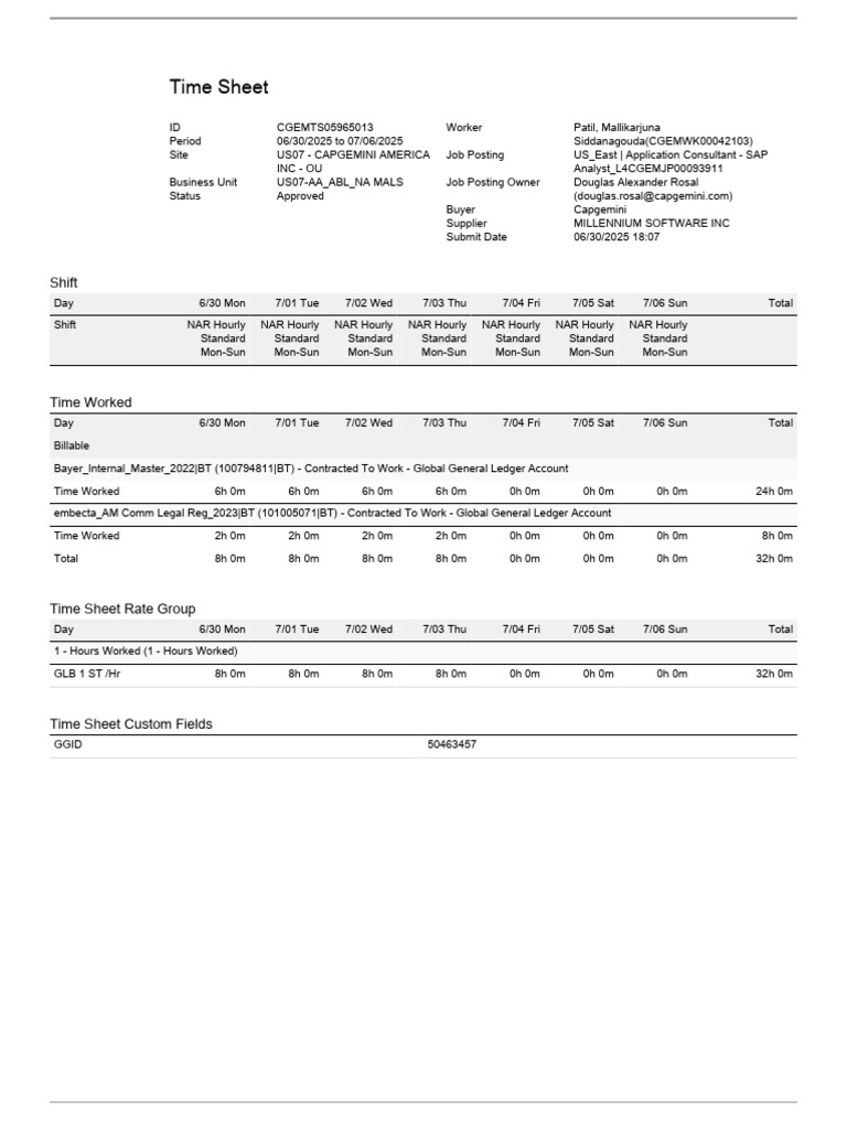Approved Time Sheet for Patil, 06/30-07/06 | PDF
