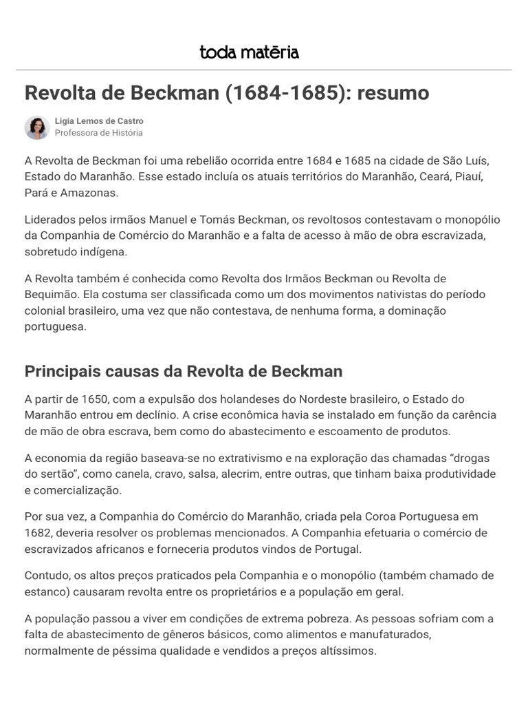 Revolta de Beckman: Causas e Desfecho | PDF | Escravidão | Brasil