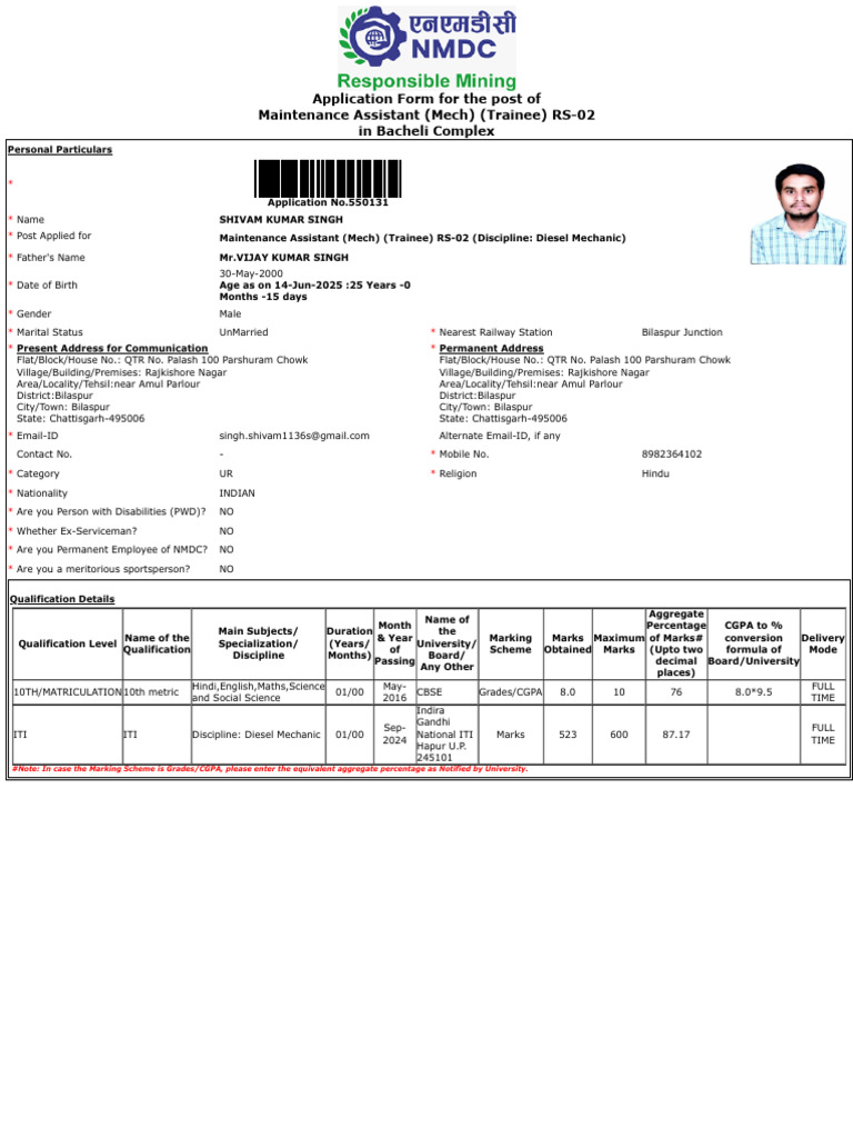 NMDC-Online Application 2025 (Kirandul_Bacheli Complex) | PDF