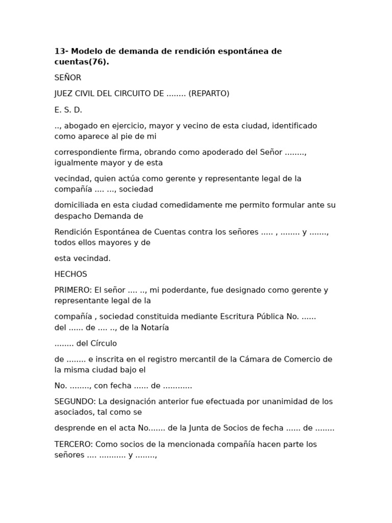 13-Modelo de Demanda de Rendición Espontánea de Cuentas | PDF | Demanda judicial | Justicia