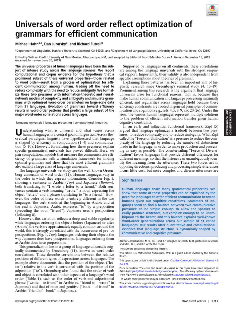 Universals of Word Order Reflect Optimization of G | PDF | Syntax | Linguistics